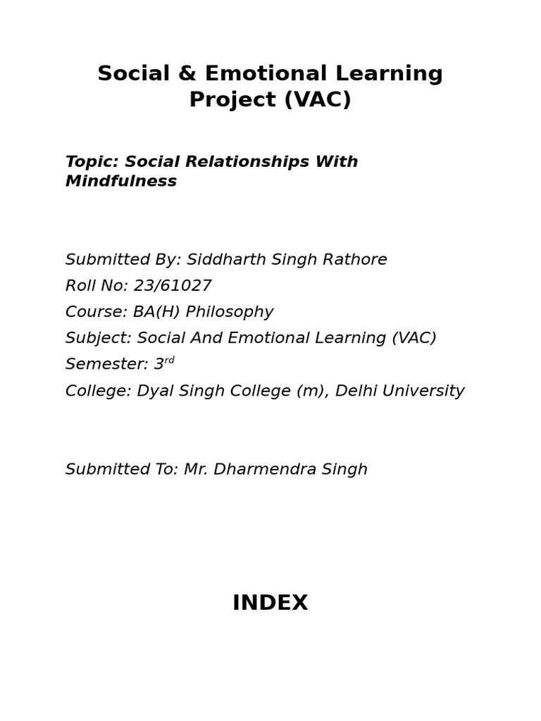 Social & Emotional Learning (VAC Sem 3) Project | PDF | Mindfulness | Nonverbal Communication