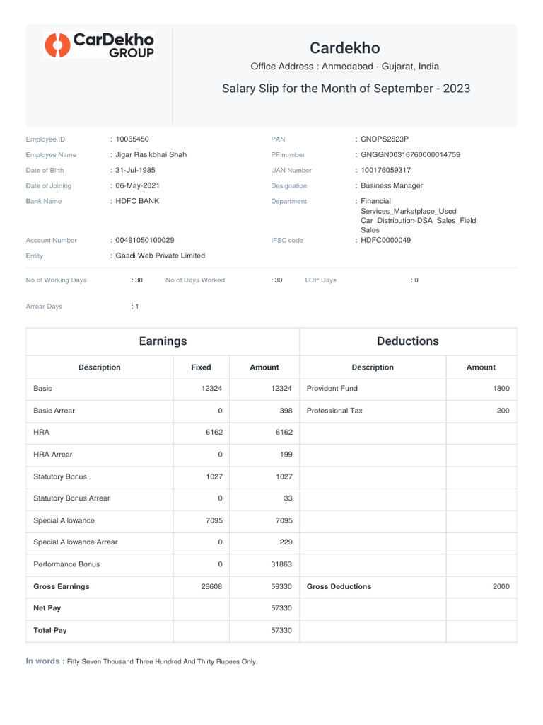 September 2023 Salary Slip for Jigar Shah | PDF | Salary | Tax Deduction