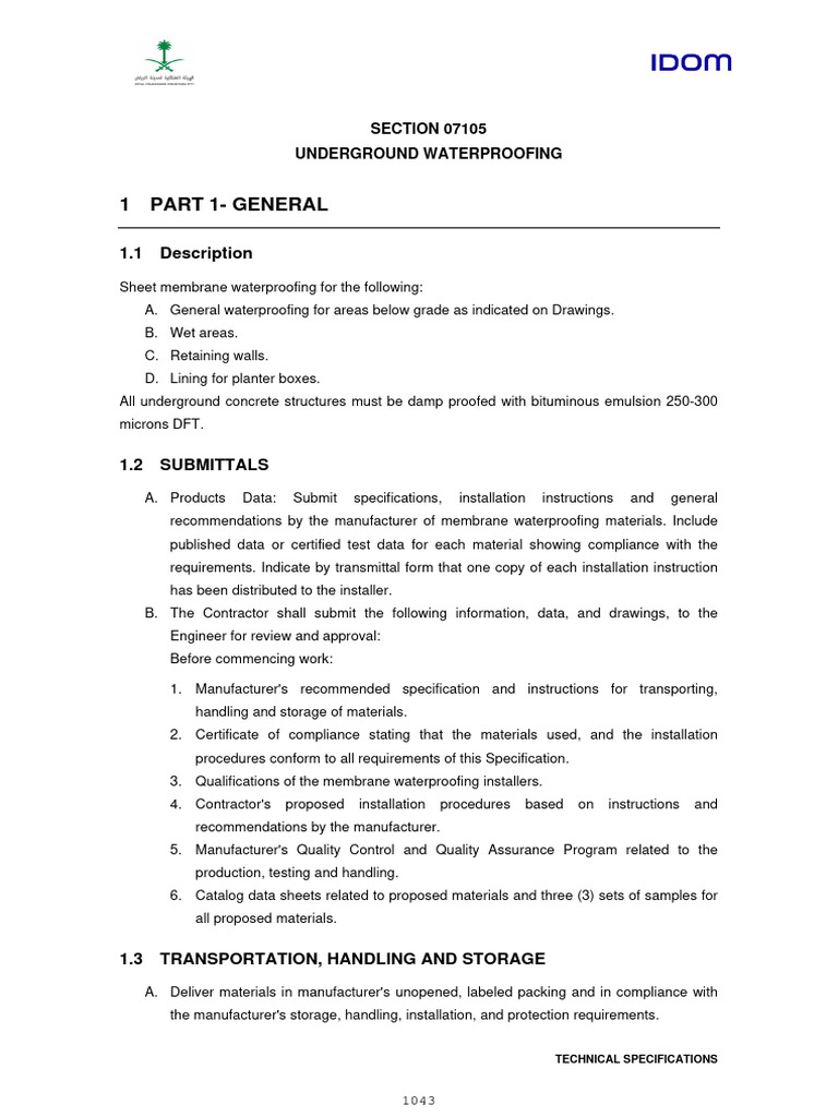 Water Proofing Specs Section 07105 Pdf Specification Technical