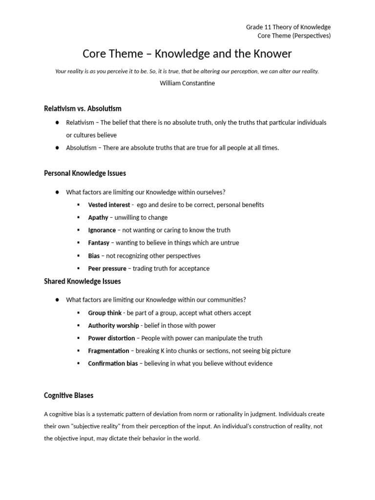 Core Theme Notes (Perspectives) | PDF | Truth | Knowledge