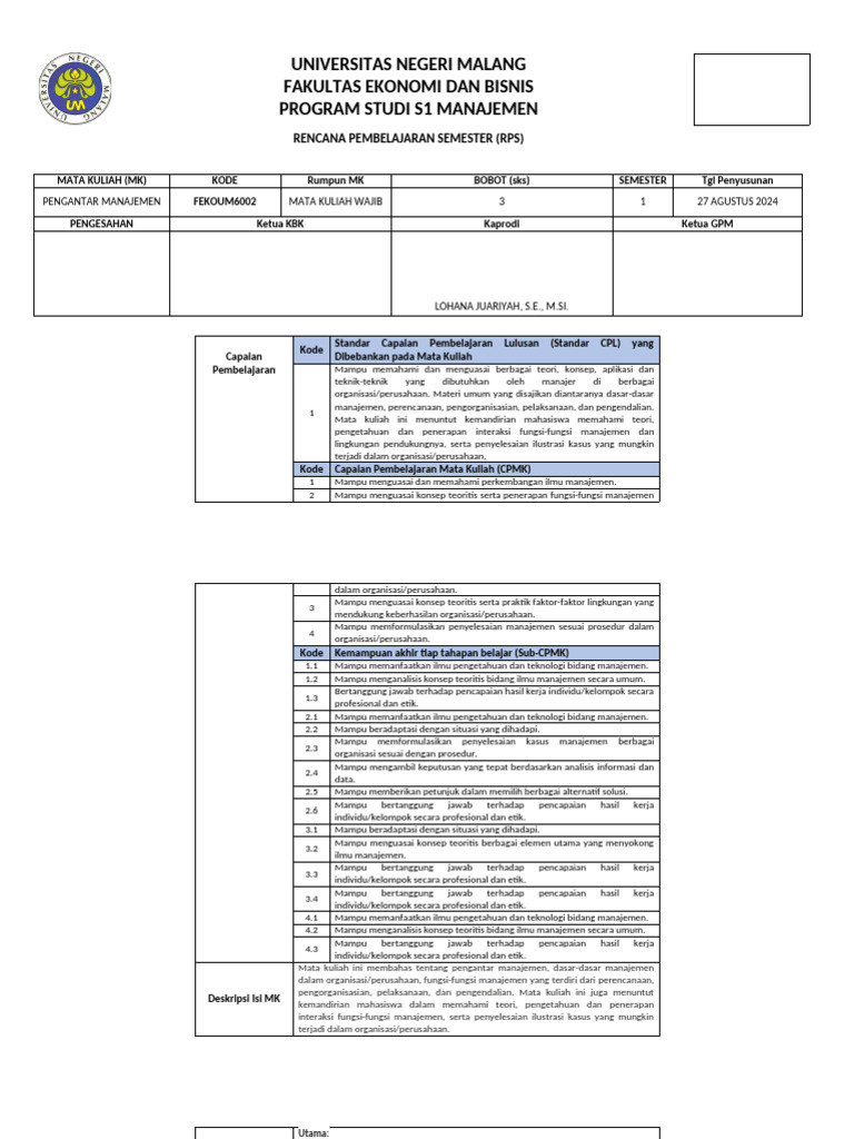 2024 RPS Pengantar Manajemen OKE | PDF