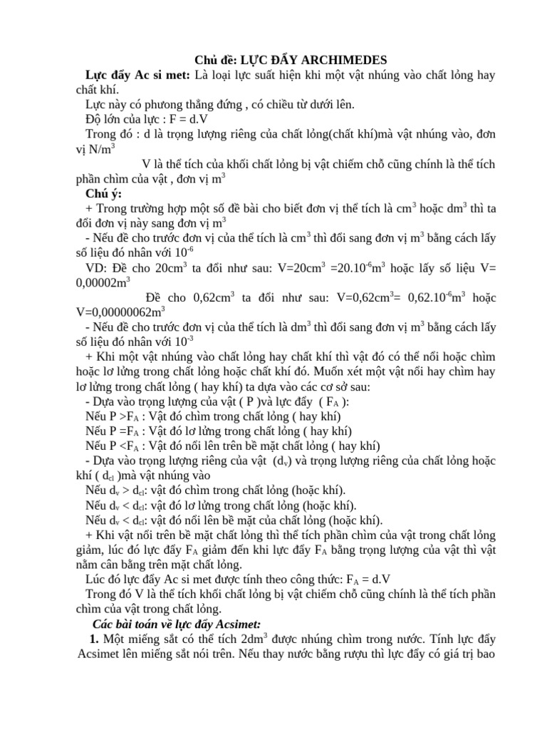 BT Về Lực Đẩy Archimedes HSG | PDF