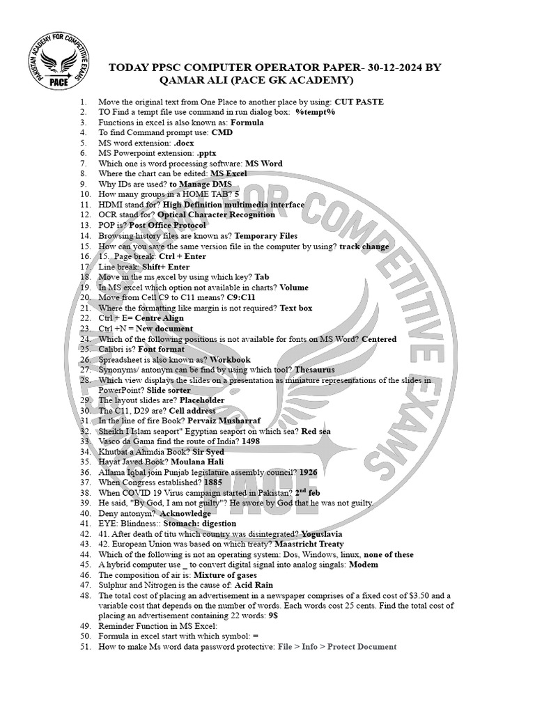 PPSC Computer Operator Exam Guide | PDF | Microsoft Excel | Microsoft Word