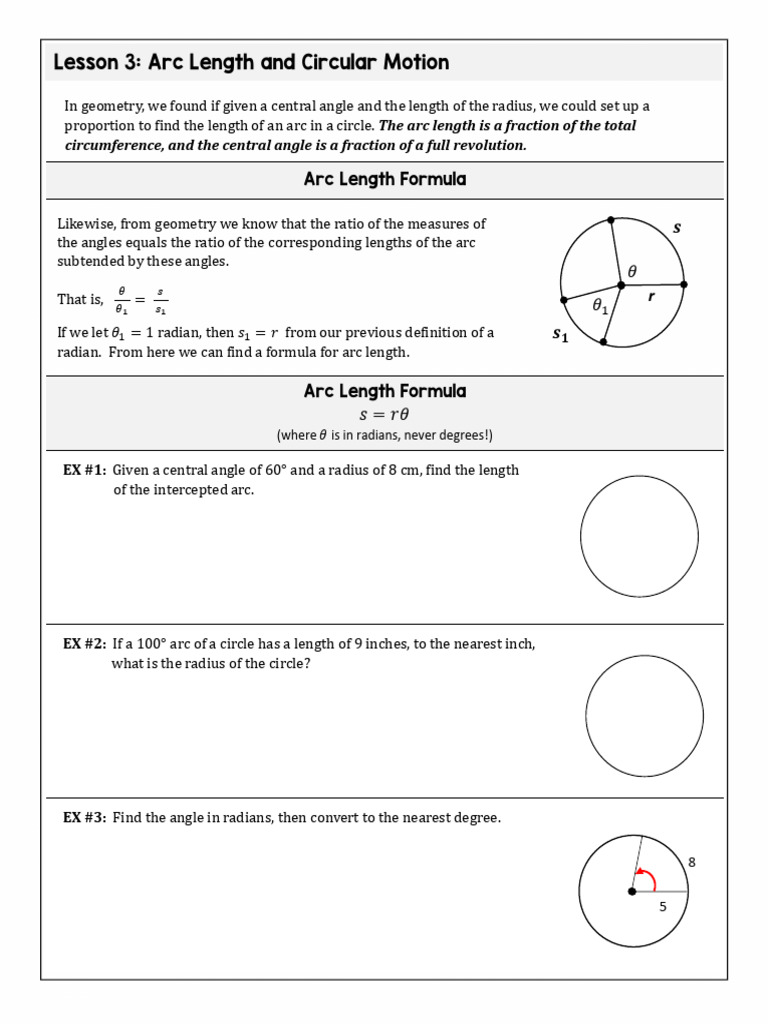 Notes 4.3-Arc Length Circular Motion | PDF | Angle | Circle