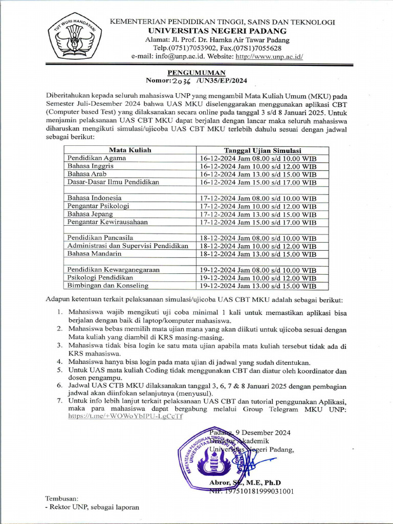 Pengumuman Simulasi UAS CBT MKU Jul-Des 2024 | PDF