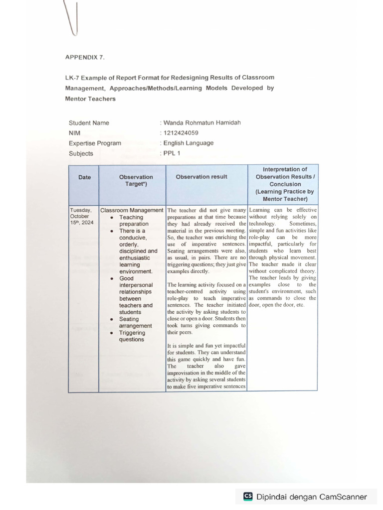 LK-7 Example of Report Format for Redesigning Results of Classroom ...