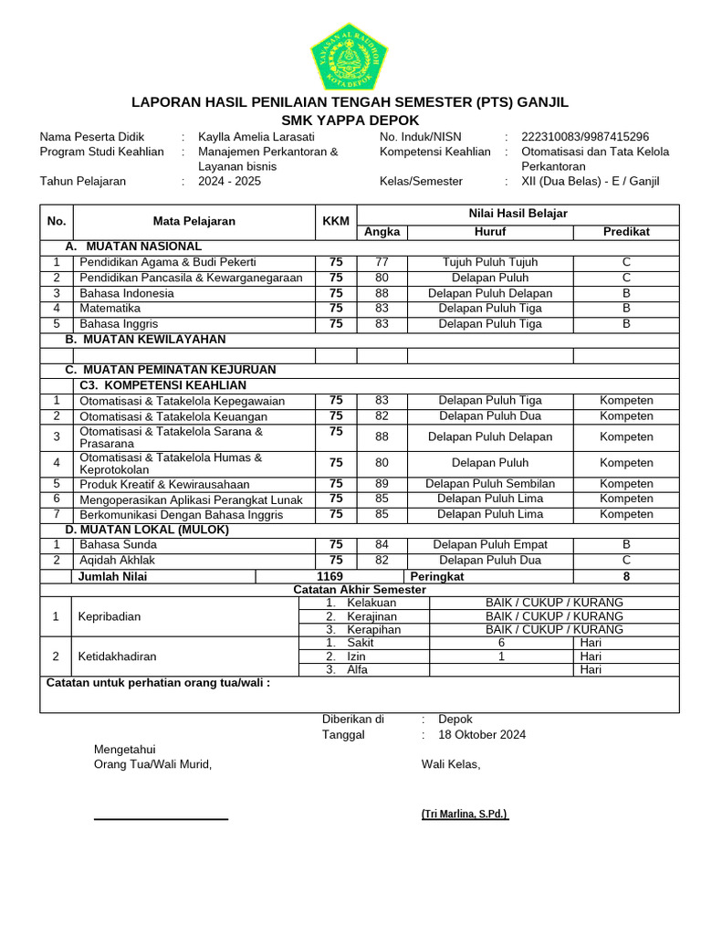 Format Rapot Xii Pts Ganjil 2024 | PDF