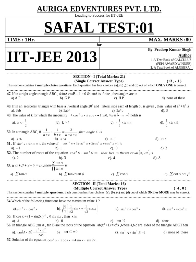 2012 Iit S 1 Pdf Trigonometry Triangle