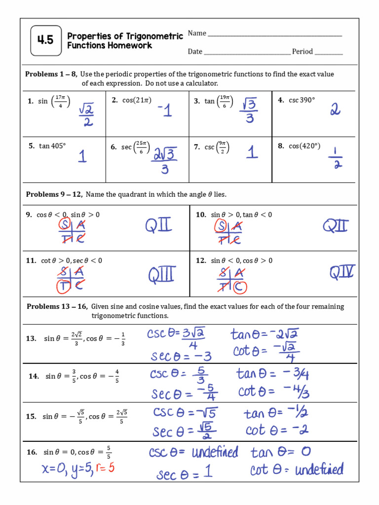 Practice 4.5-Properties Trigonometric Functions Key | PDF