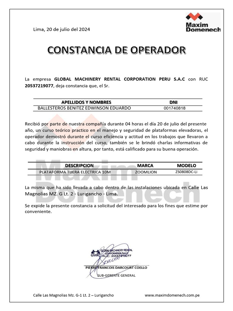 Constancia de Operador - Eduardo Ballesteros | PDF
