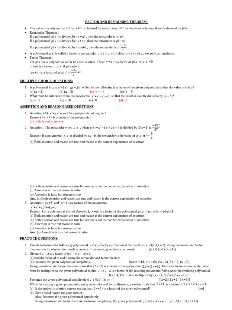 8. Factor and Remainer Theorem | PDF | Polynomial | Factorization