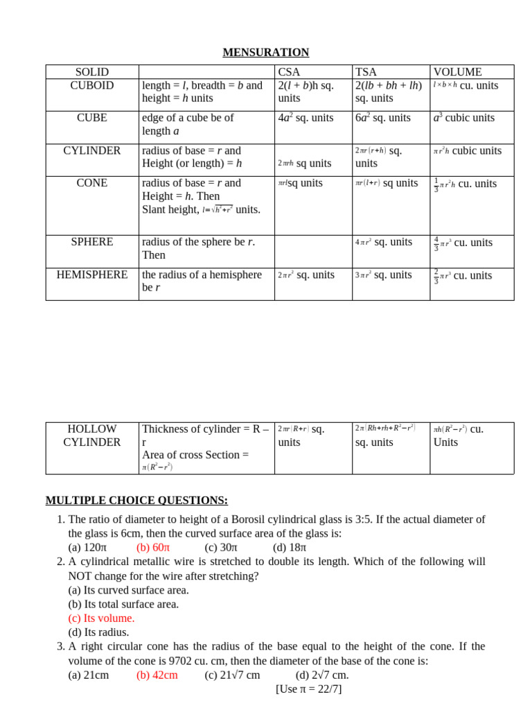 20. MENSURATION | PDF | Sphere | Area