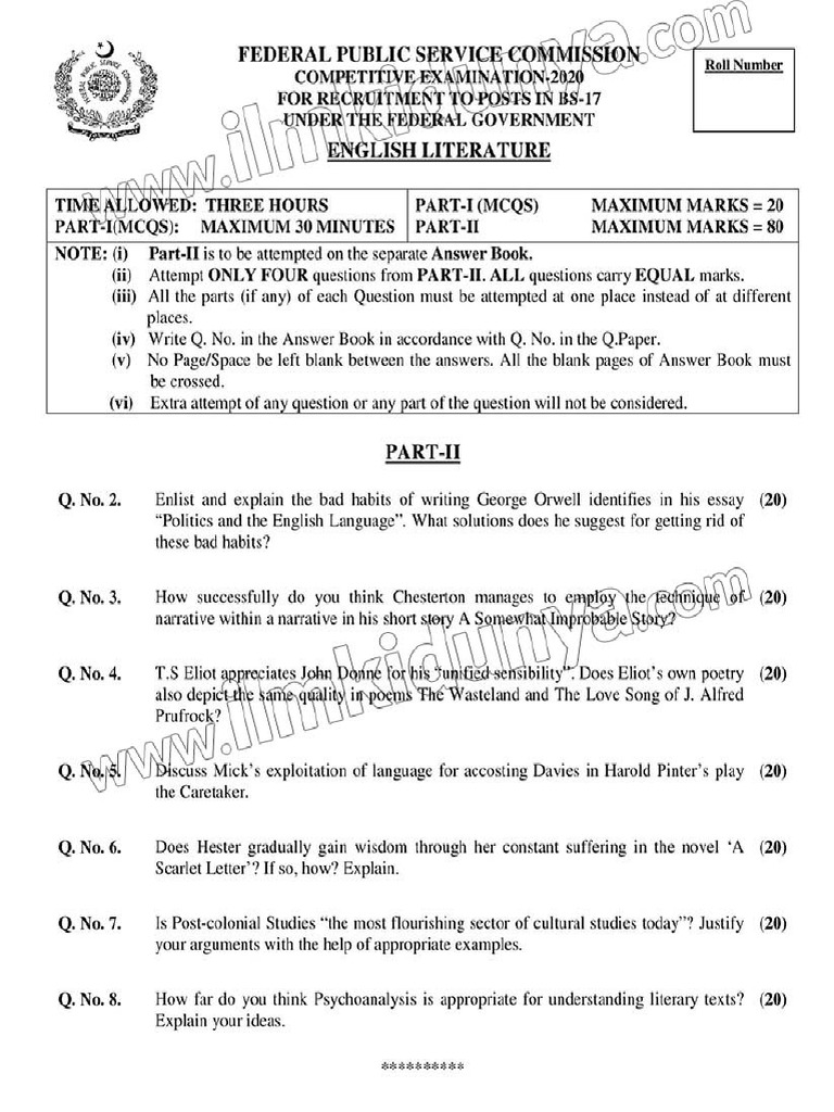 Past Paper FPSC English Literature Subjective 2020 | PDF