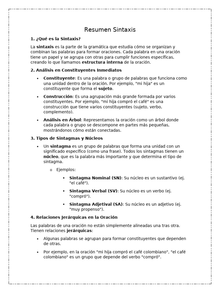 Resumen Sintaxis | PDF | Oración (Lingüística) | Asunto (gramática)