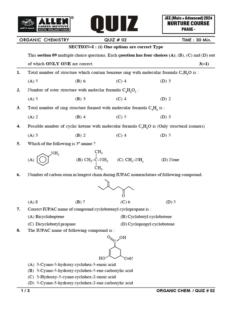 Organic Chemistry Quiz for JEE 2024 | PDF | Chemical Compounds ...