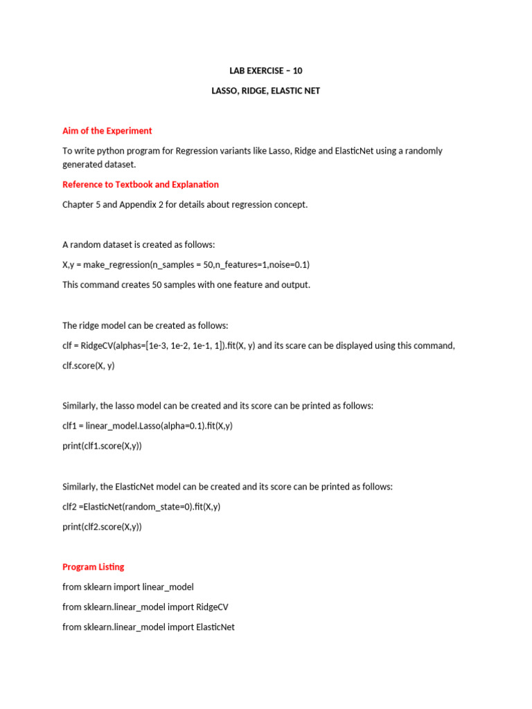 LAB EXERCISE 10 - Lasso - Corrected | PDF | Coefficient Of Determination | Linear Regression