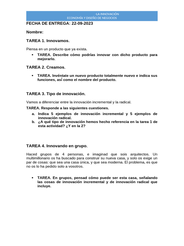 Innovación: Tareas y Ejemplos | PDF