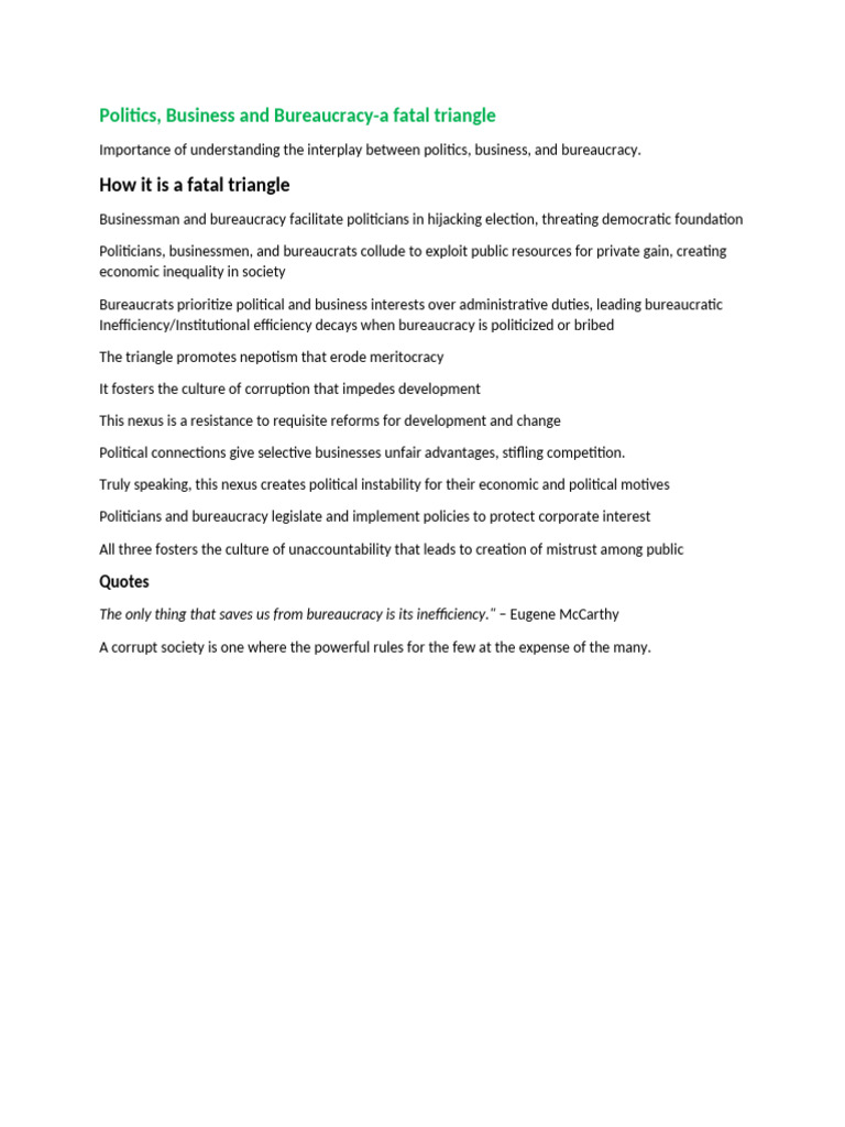 The Fatal Triangle: Politics, Business, Bureaucracy | PDF