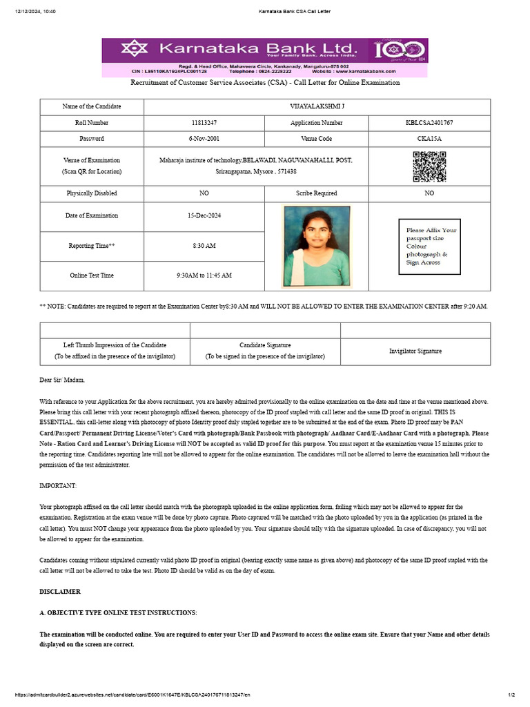 CSA Exam Call Letter | PDF