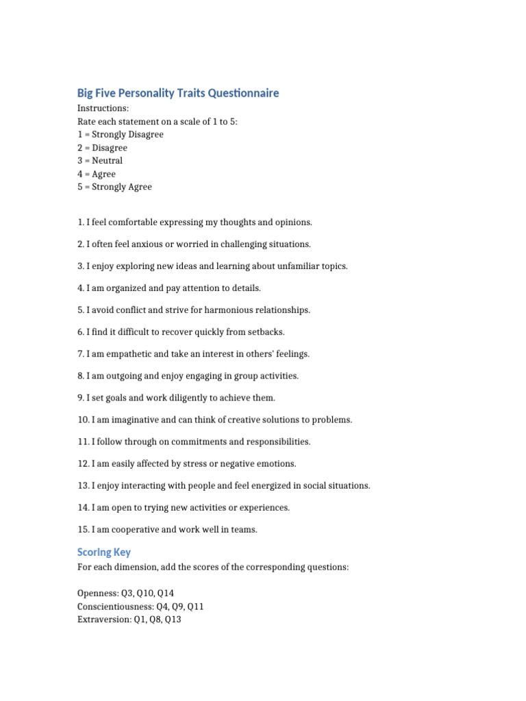 Big Five Personality Traits Questionnaire | PDF