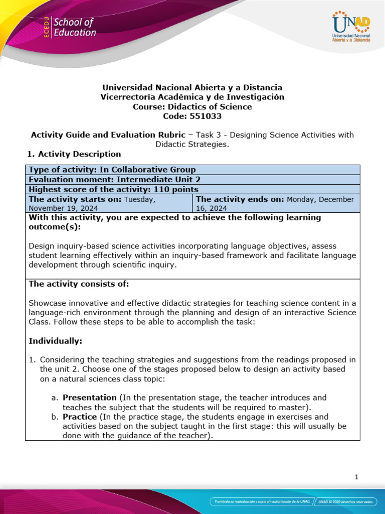 Activity Guide and Evaluation Rubric - Unit 2 - Task 3 - Designing Science Activities With ...