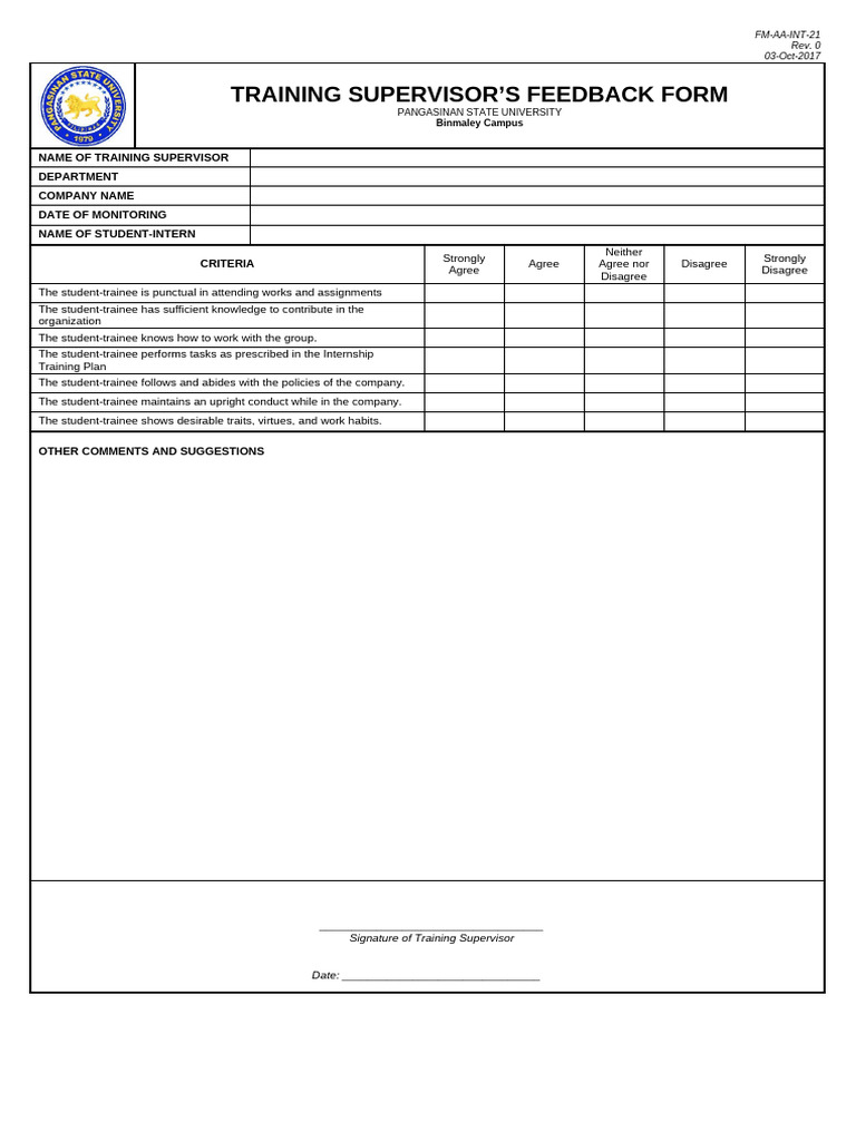 21 Training Supervisor - S Feedback Form | PDF