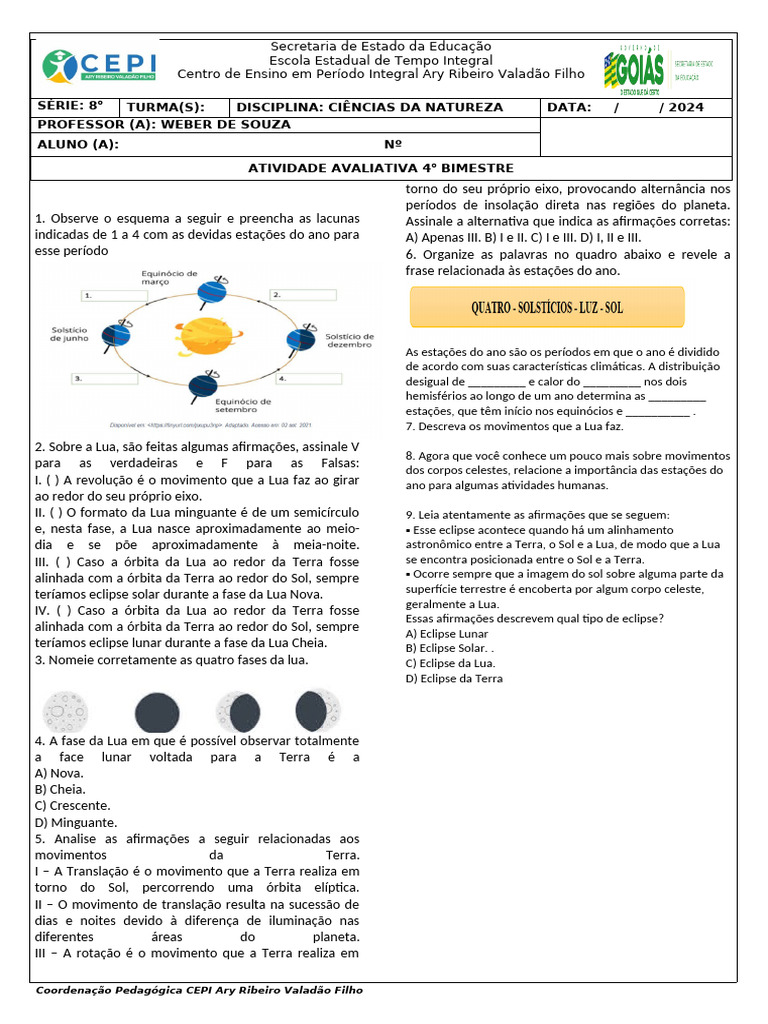 Atividade Sobre Astronomia | PDF | Lua | Eclipse