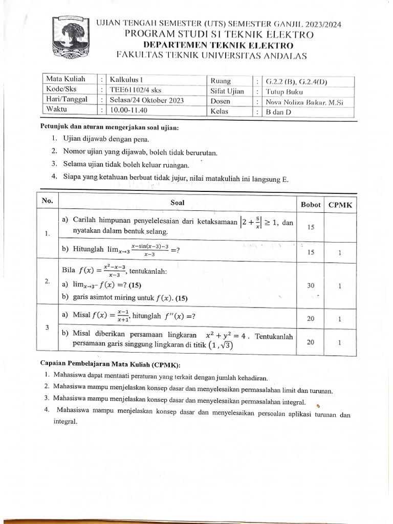 UTS Kalkulus 1 | PDF