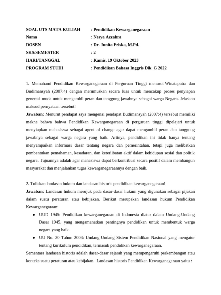 Nesya Azzahra - UTS PKN | PDF