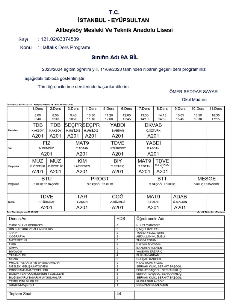 Siniflarin Ders Programi | PDF