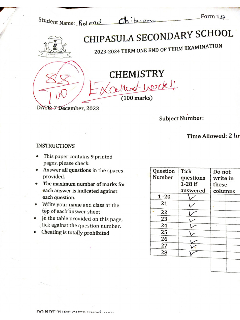 Chemistry Form 1 End of Term1 | PDF