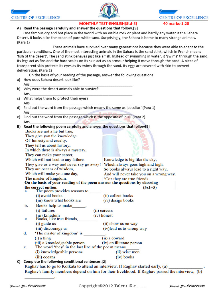 MONTHLY TEST-ENGLISH (Std-5) | PDF | Desert | Linguistic Morphology