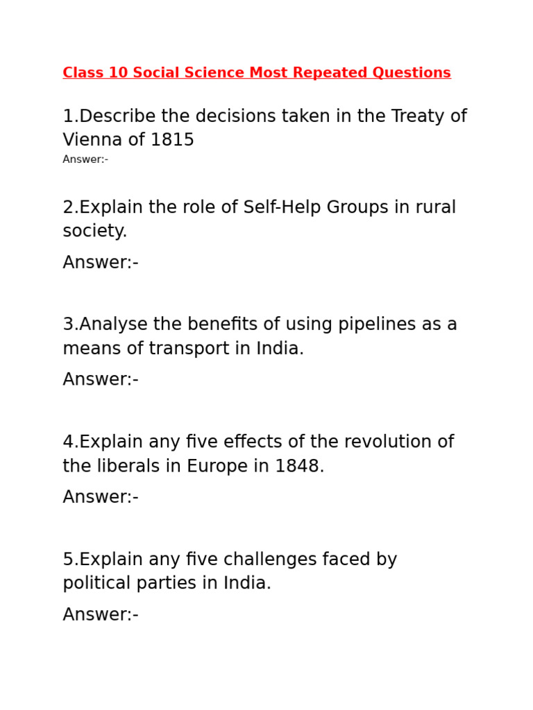 Social Science Class 10 Important Questions Ayuwi | PDF | Resource ...
