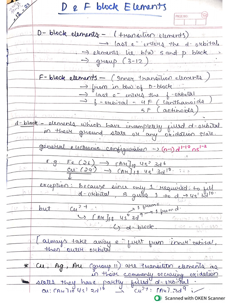 D & F Block Elements Notes Class 12 Cbse... | PDF