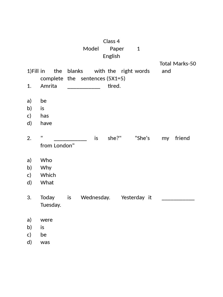 CBSE Sample Papers For Class 4 English With Solutions - Mock Paper 1 | PDF