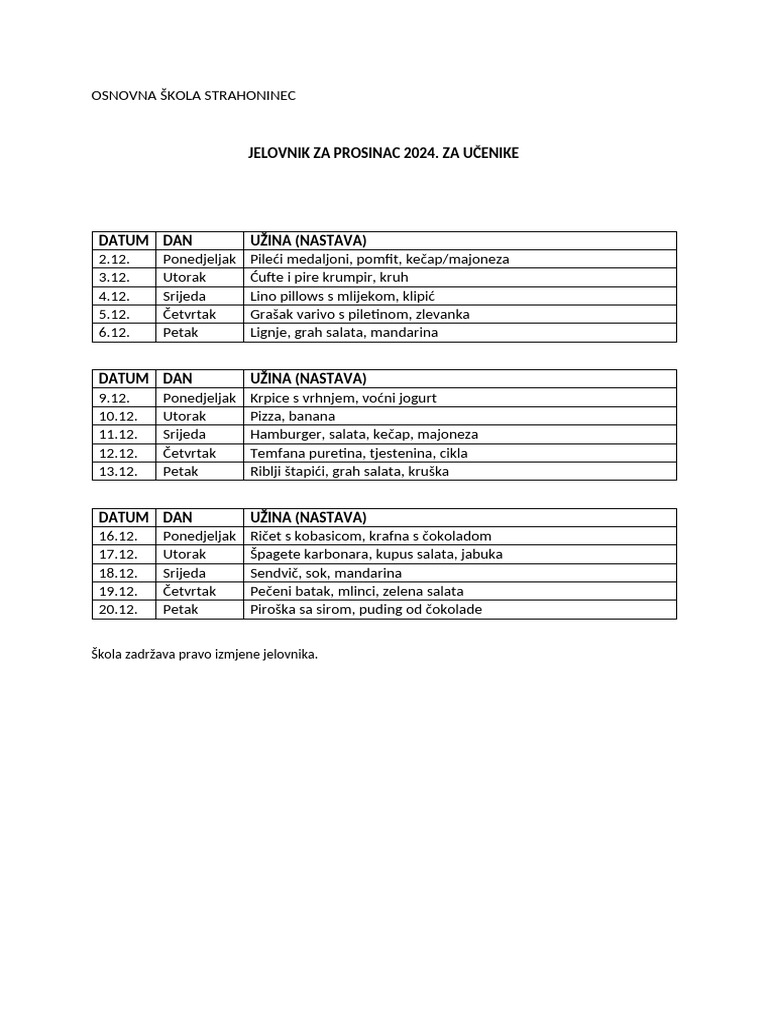 Jelovnik Za Prosinac 2024 - Ucenici | PDF