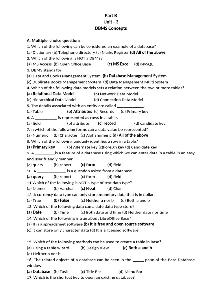 Part B Unit 3 DBMS Concepts MCQS and Q - A | PDF | Databases | Relational Model