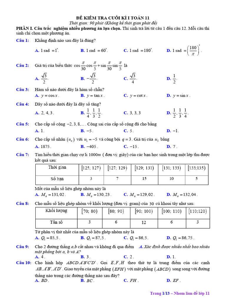 Bo de Kiem Tra Cuoi Hoc Ki 1 Toan 11 Cau Truc Trac Nghiem Moi | PDF