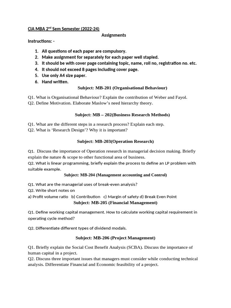 MBA 2nd Sem Semester Assignments | PDF
