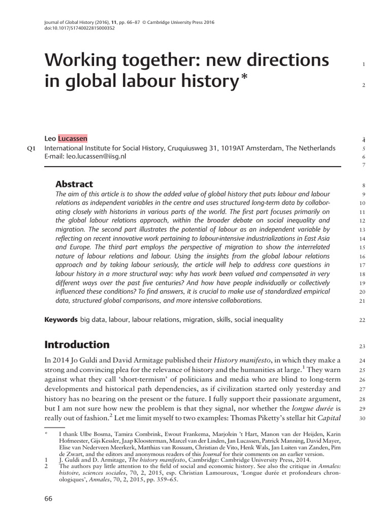 Working-Together New Directions in Global Labour History | PDF | Labour ...