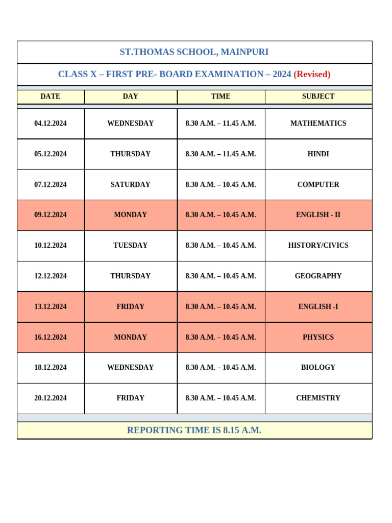 Class X Pre-Board Exam Timetable 2024 | PDF