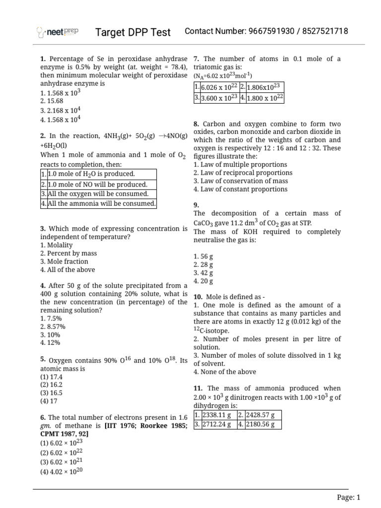 Chemistry DPP Test Questions and Answers | PDF | Mole (Unit) | Carbon ...