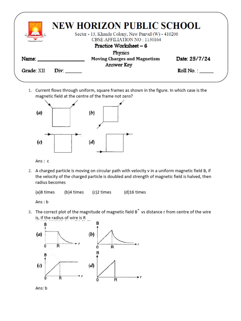 WORKSHEET 6 - ANSWER KEY - Moving Charges and Magnetism | PDF ...