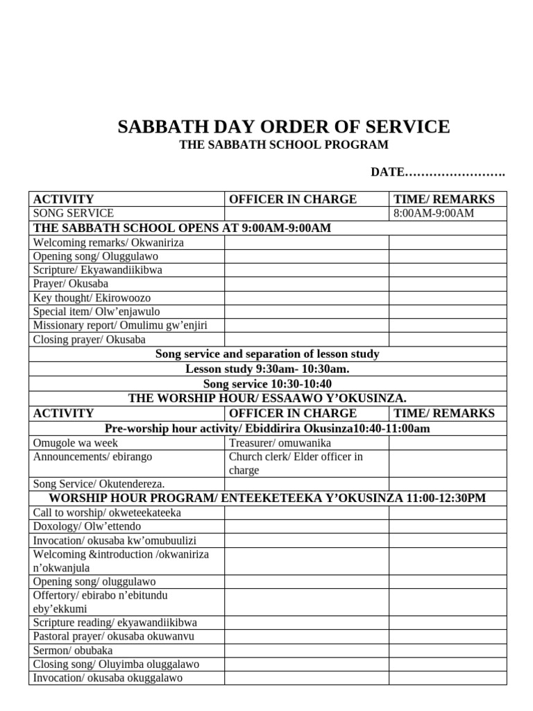 Sabbath School Program Order of Service | PDF