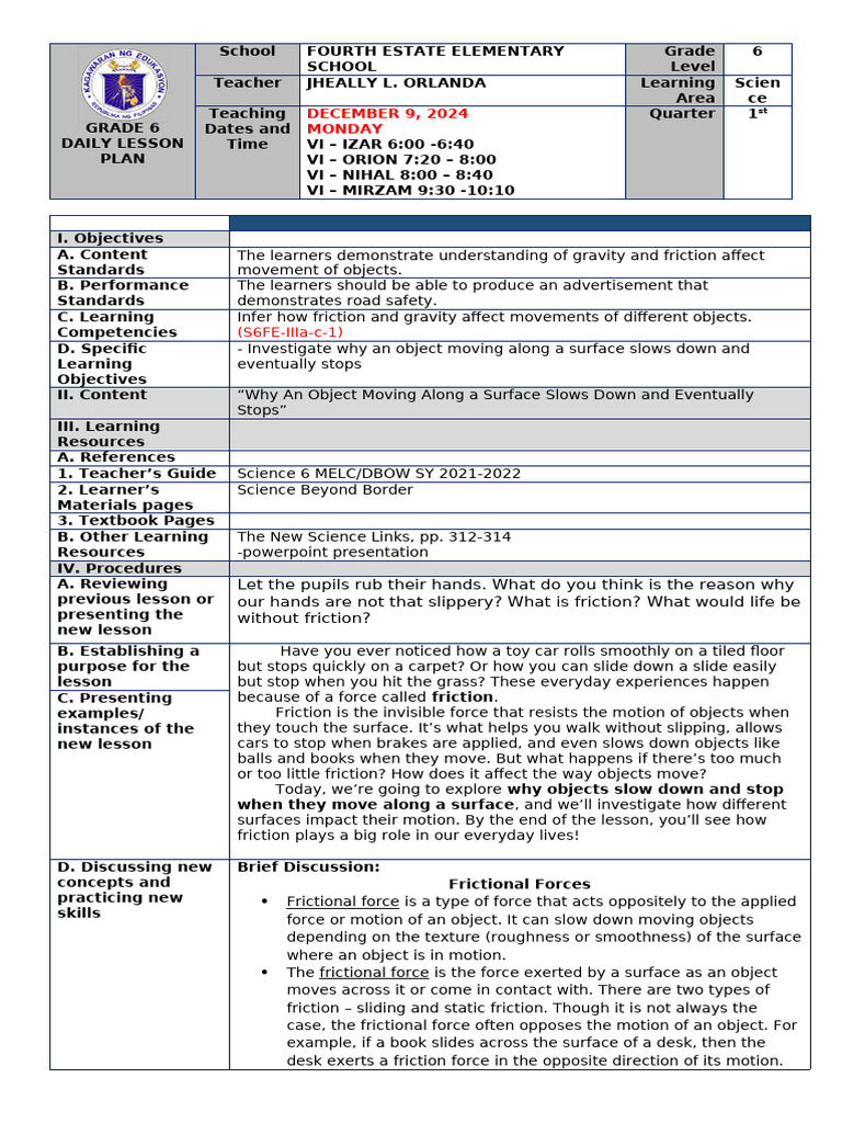 Q3-SCI-DLP-W1D1 - Why Moving Objects Eventually Stops | PDF | Friction | Force