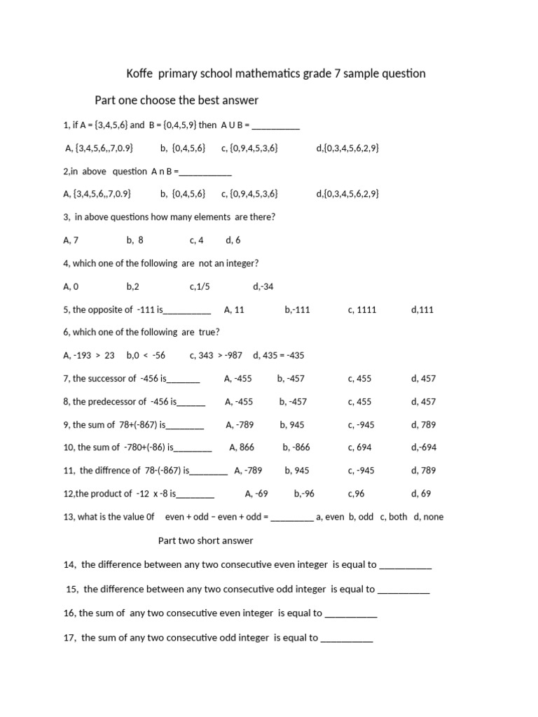 Koffe Primary School Mathematics Grade 7 Sample Question | PDF ...