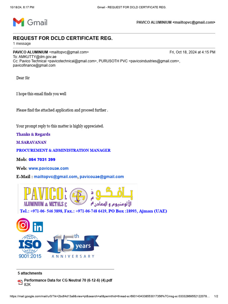 Gmail - Request For DCLD Certificate Reg - 18.10.2024-2 | PDF