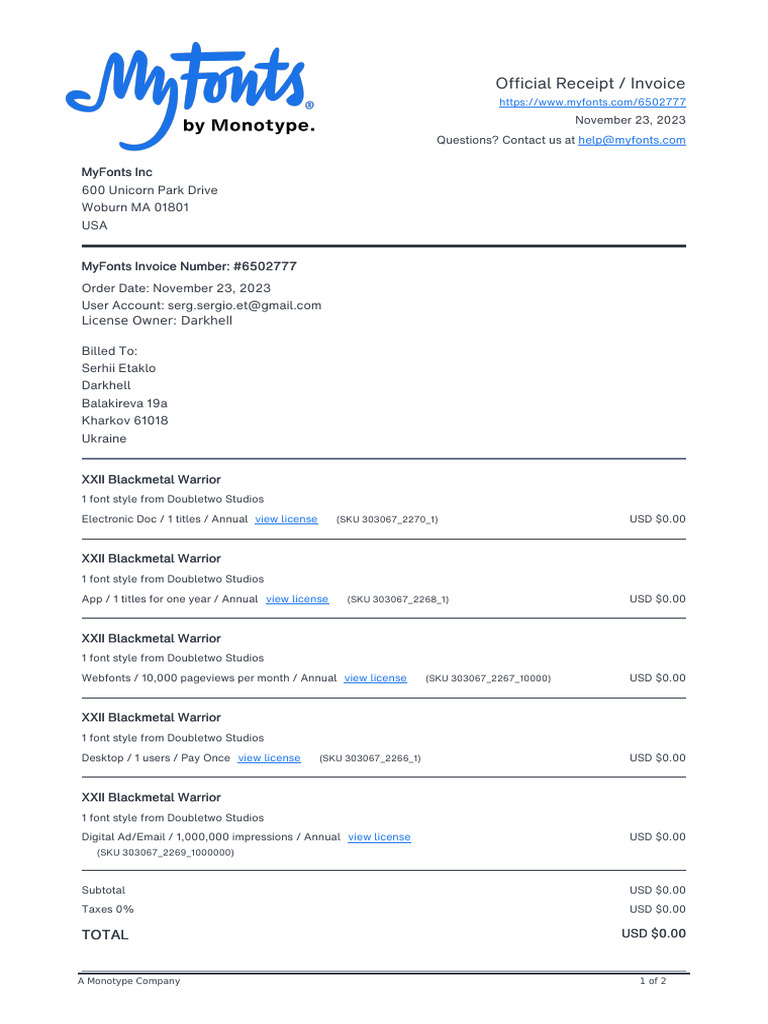 Invoice Myfonts-5596836757674 | PDF