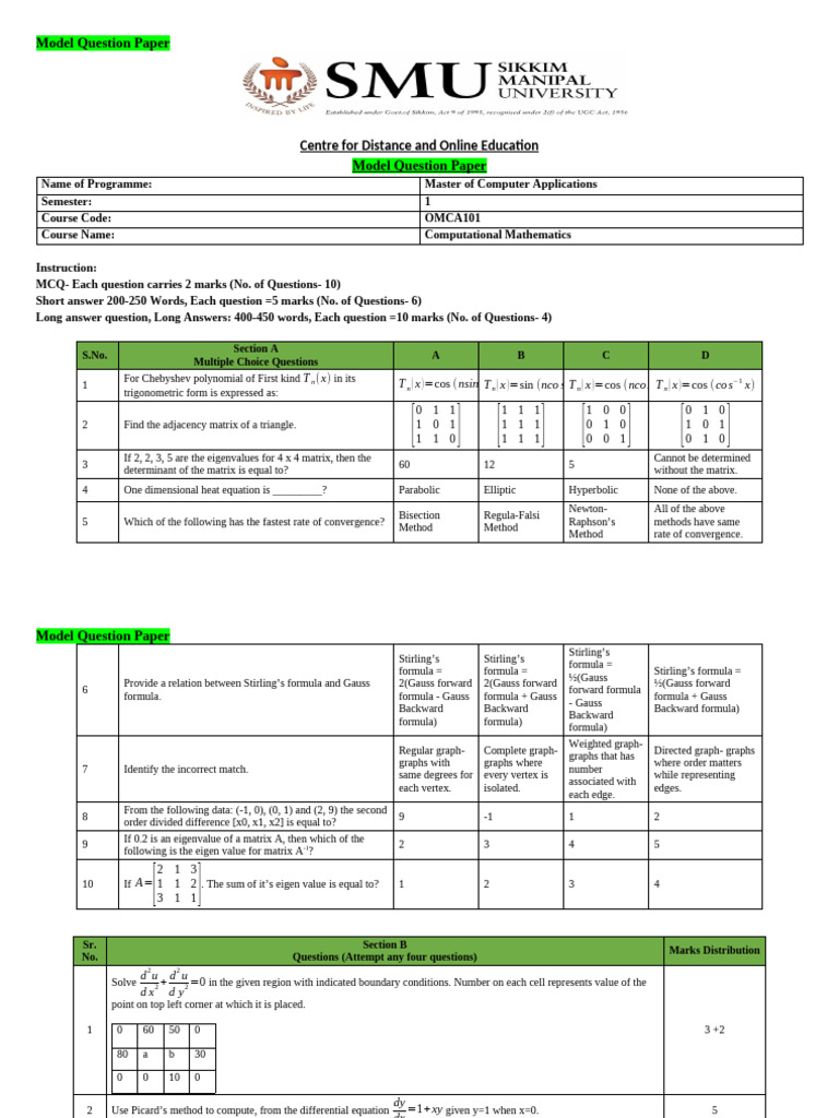 Omca101 Computationalmathematicsmodelquestionpaper Pdf Eigenvalues And Eigenvectors 