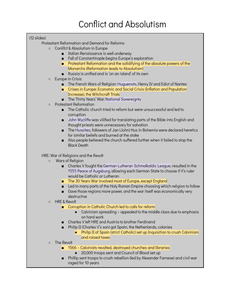 Conflict & Absolutism Lecture Notes (Euro) | PDF | Protestantism ...